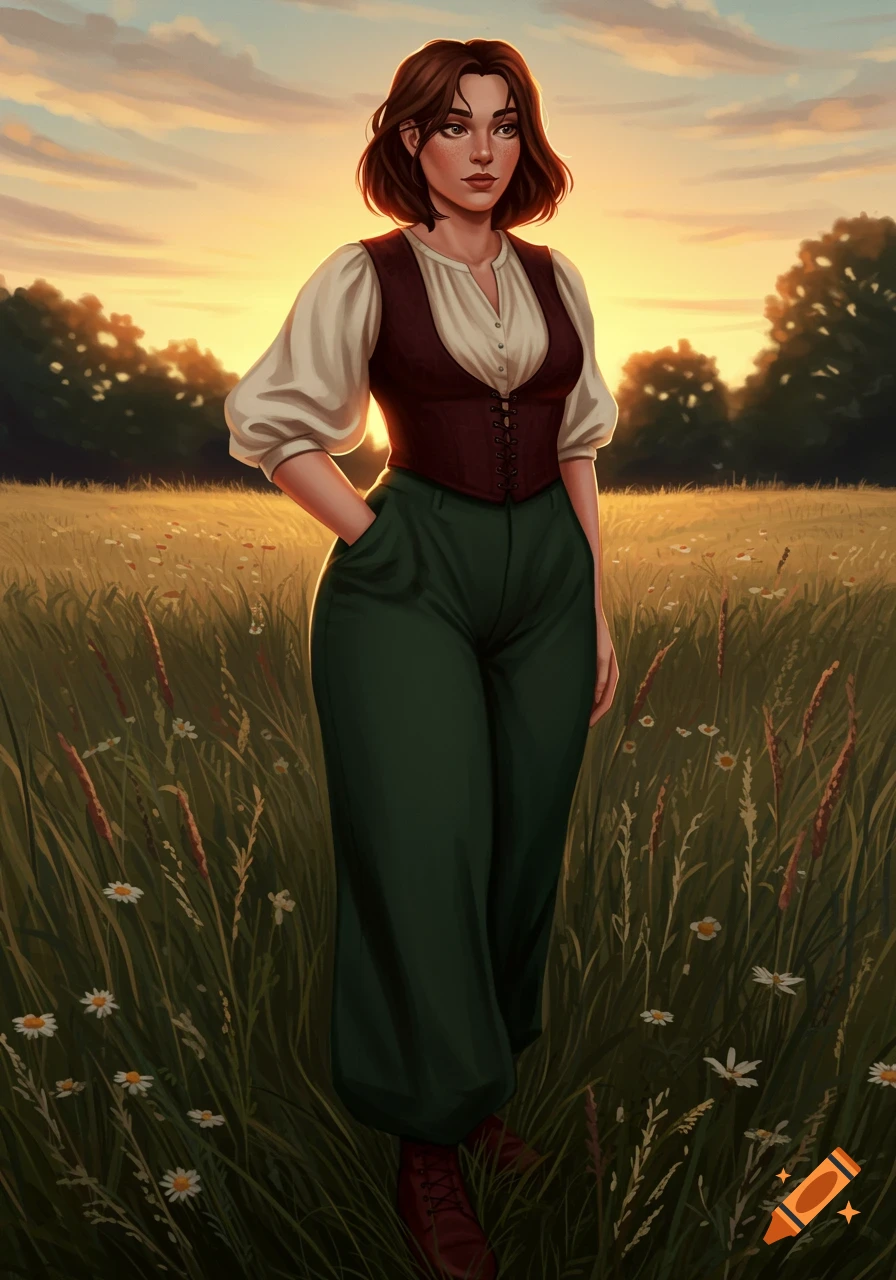 A young woman in a peasant blouse, burgundy waistcoat, and green ...