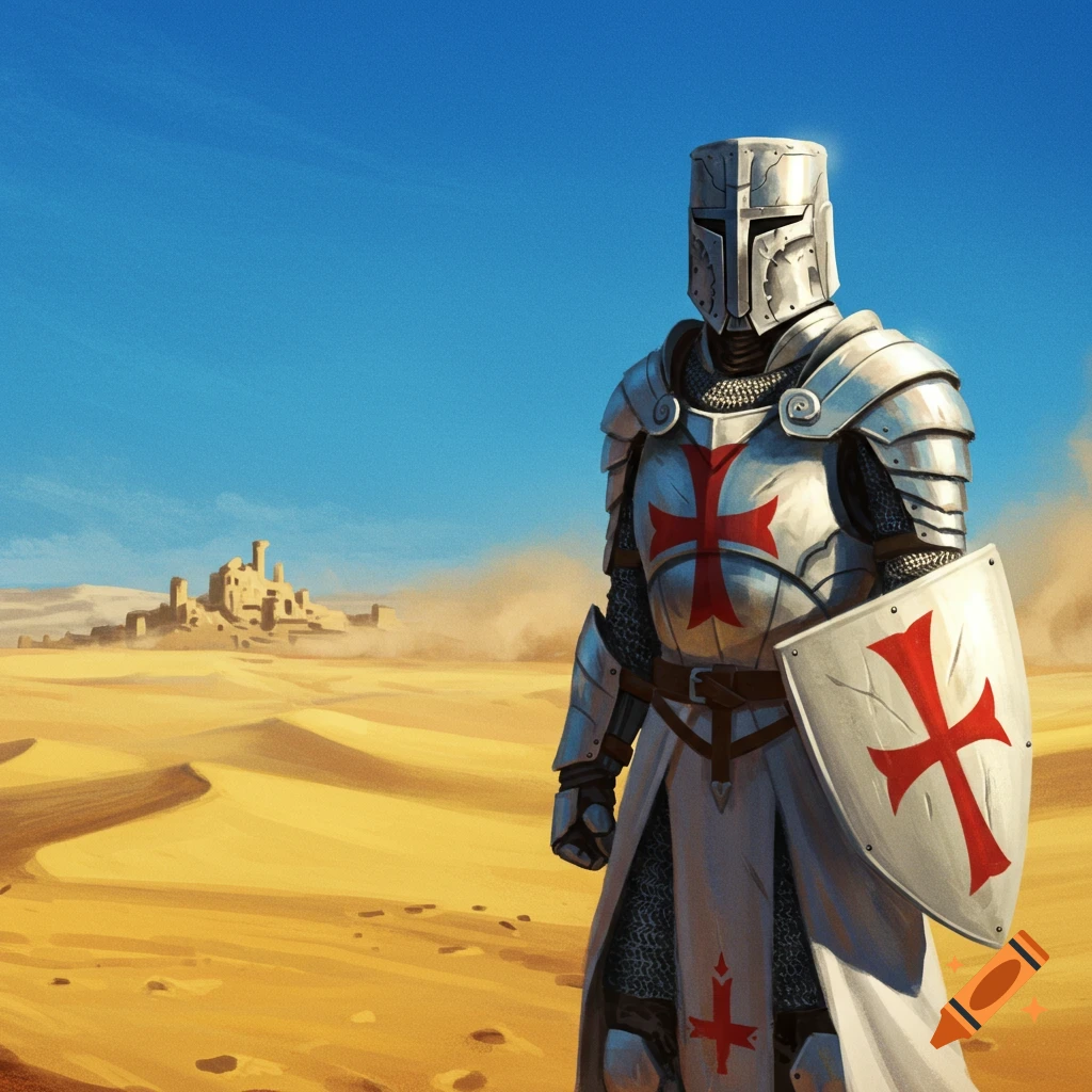 A crusader knight in full armor stands in a vast desert with a distant ...
