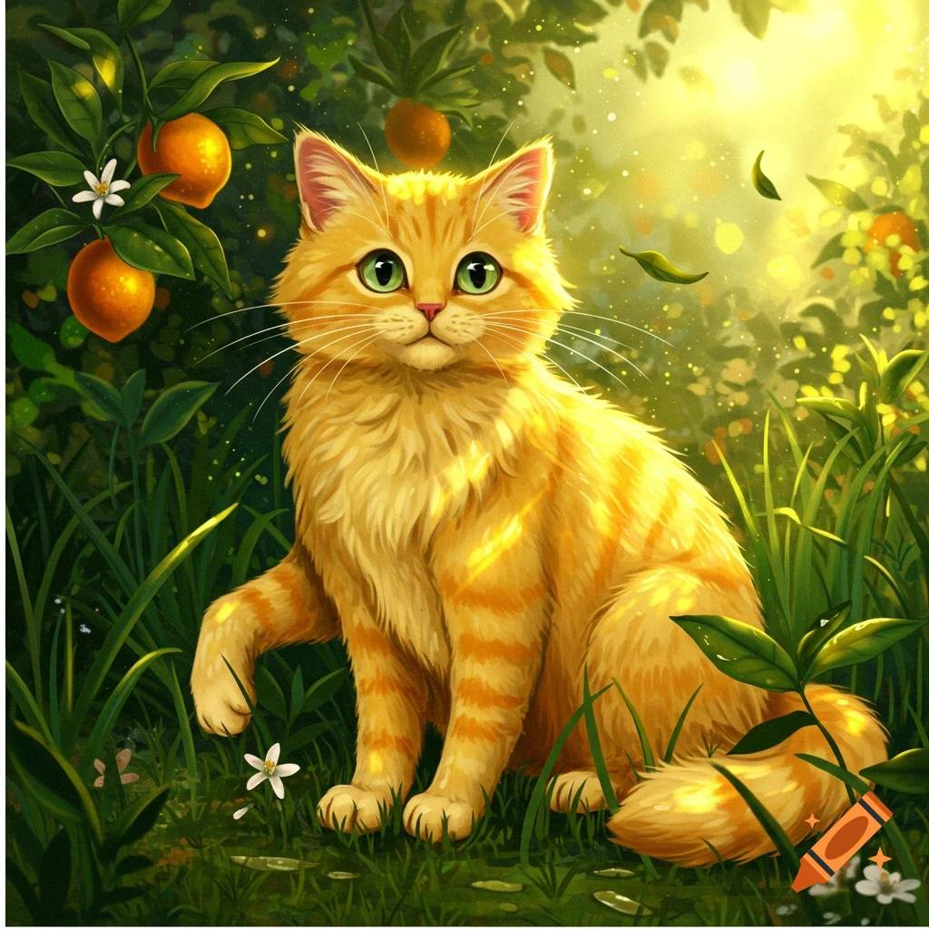 A fluffy orange tabby cat with green eyes sits in a lush, sunlit garden ...