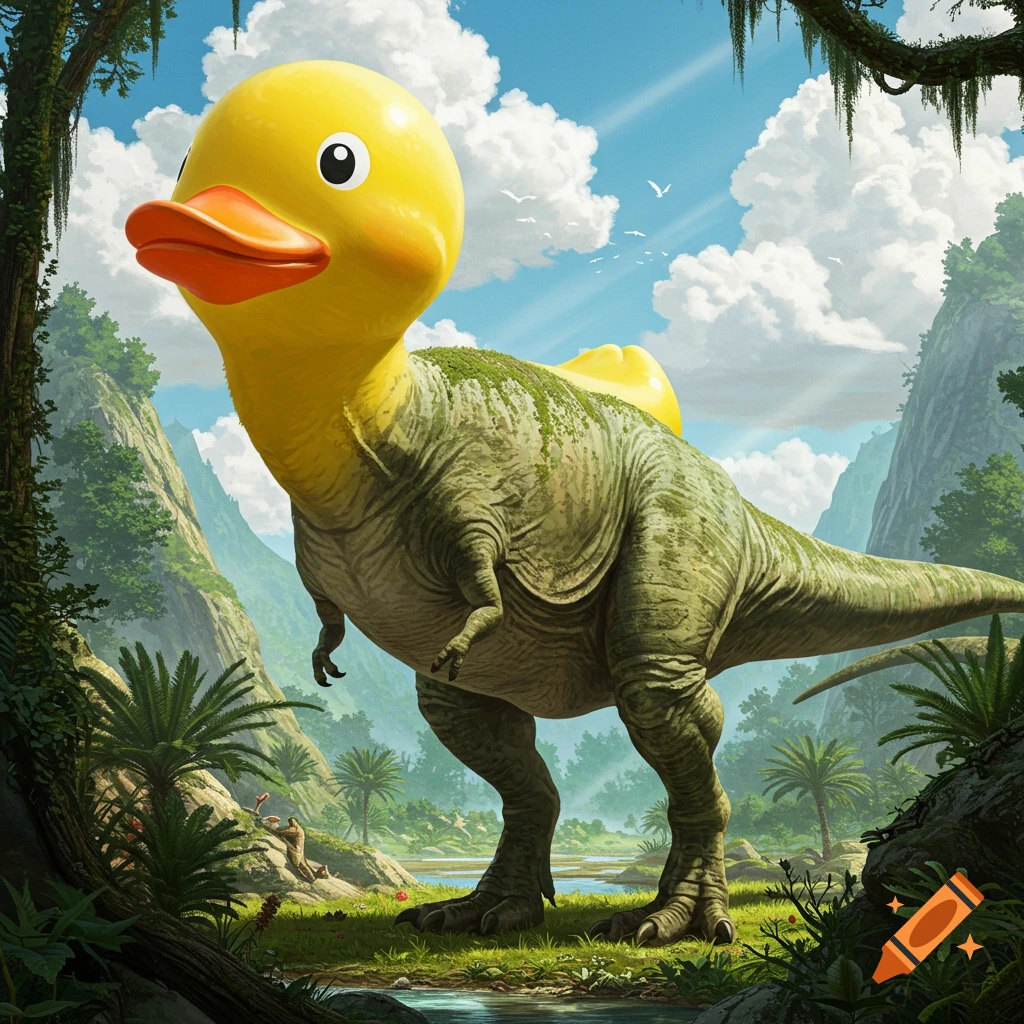 A photorealistic T-Rex with a yellow rubber duck head stands in a lush ...