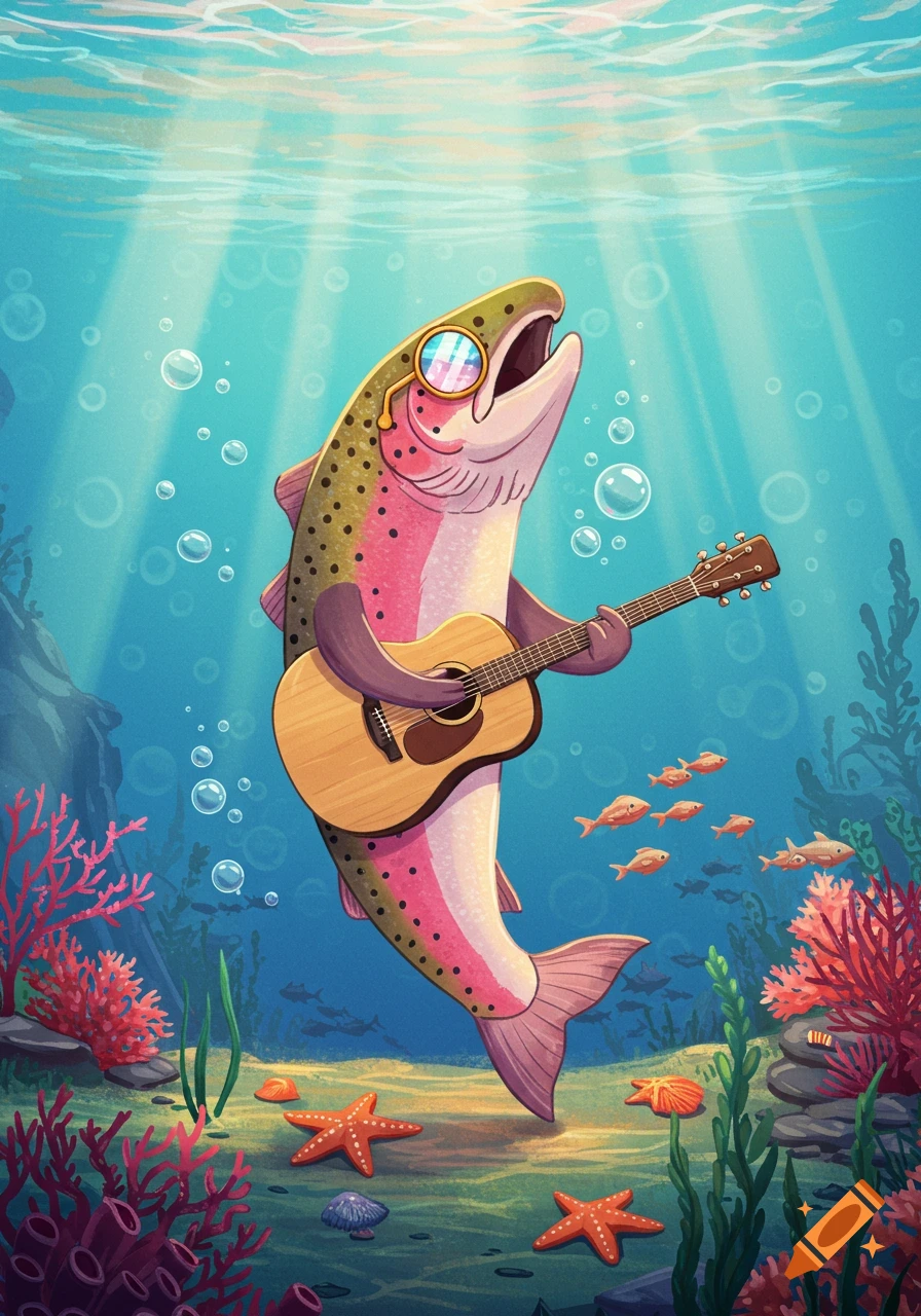 A colorful cartoon salmon wearing a monocle plays an acoustic guitar ...