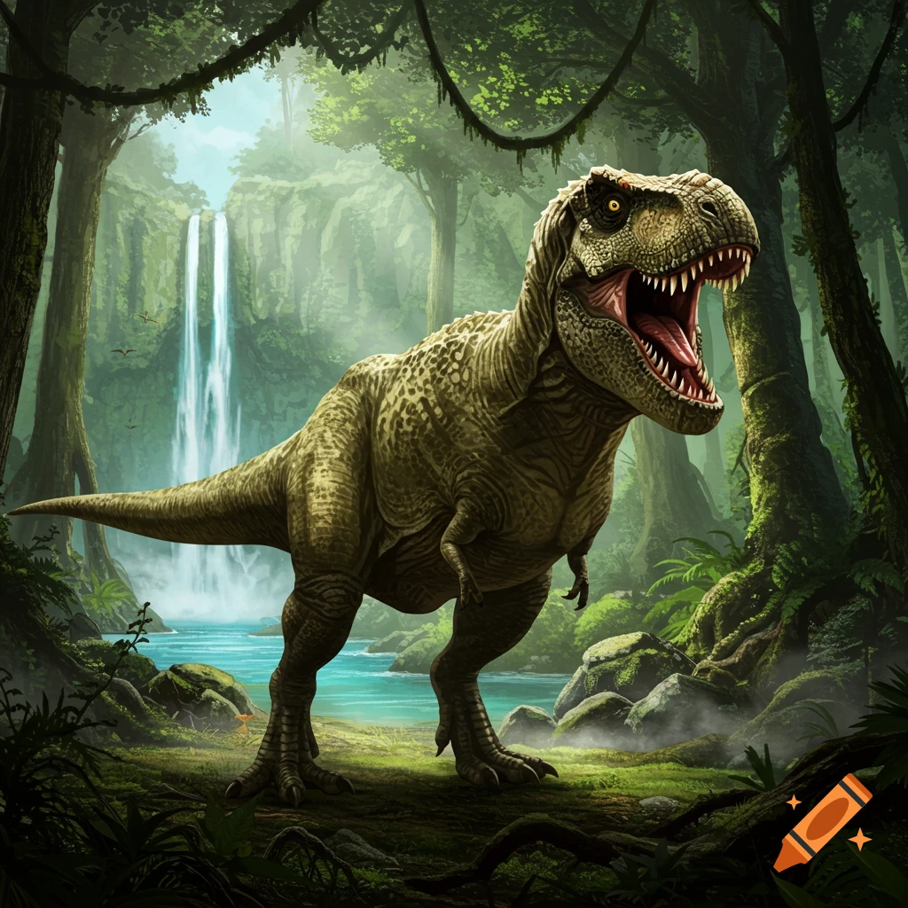 A green cartoon T-Rex roaring in a circular team logo design with mountains. on Craiyon