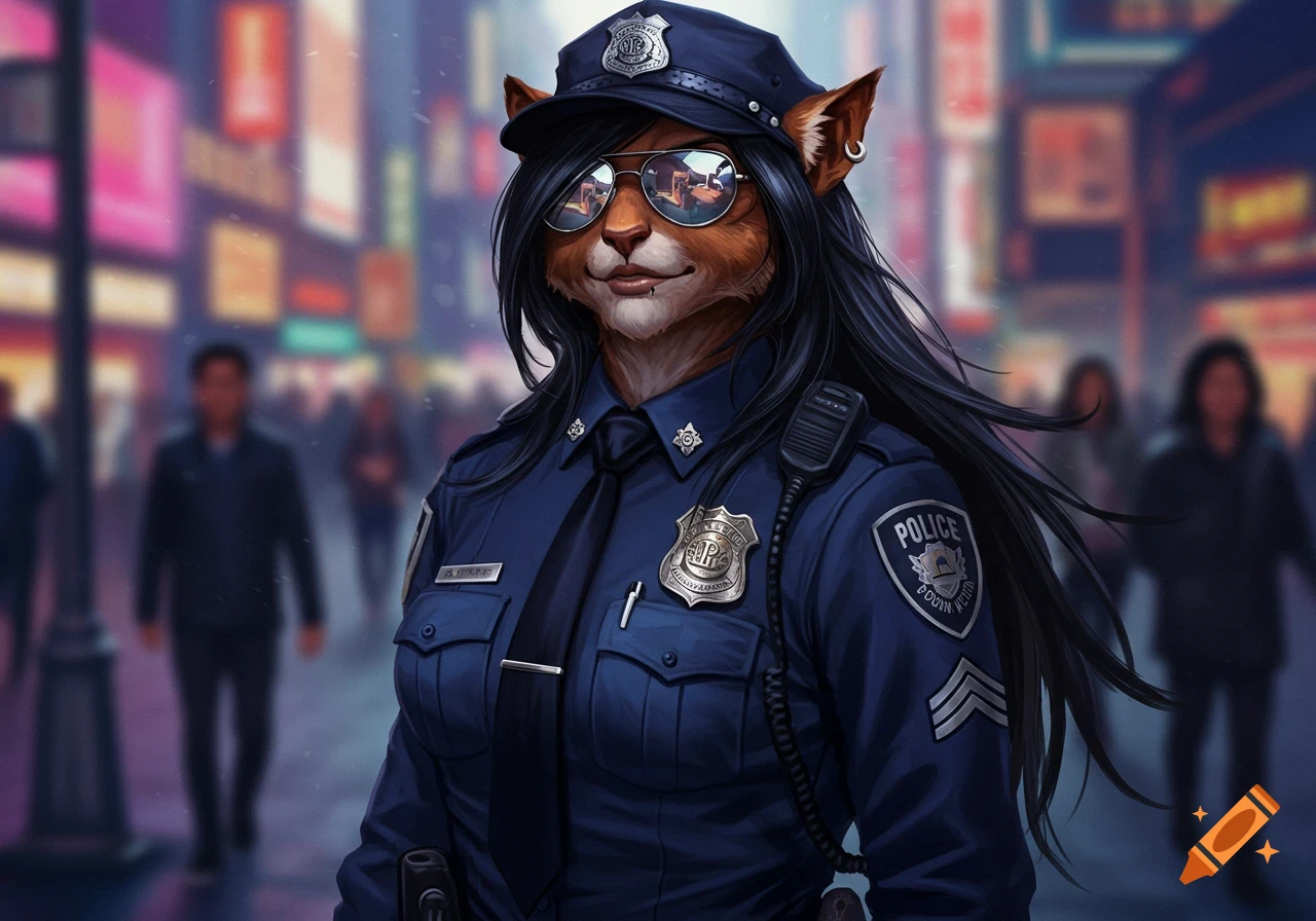 A smiling police officer with black glasses and ginger hair stands on a ...
