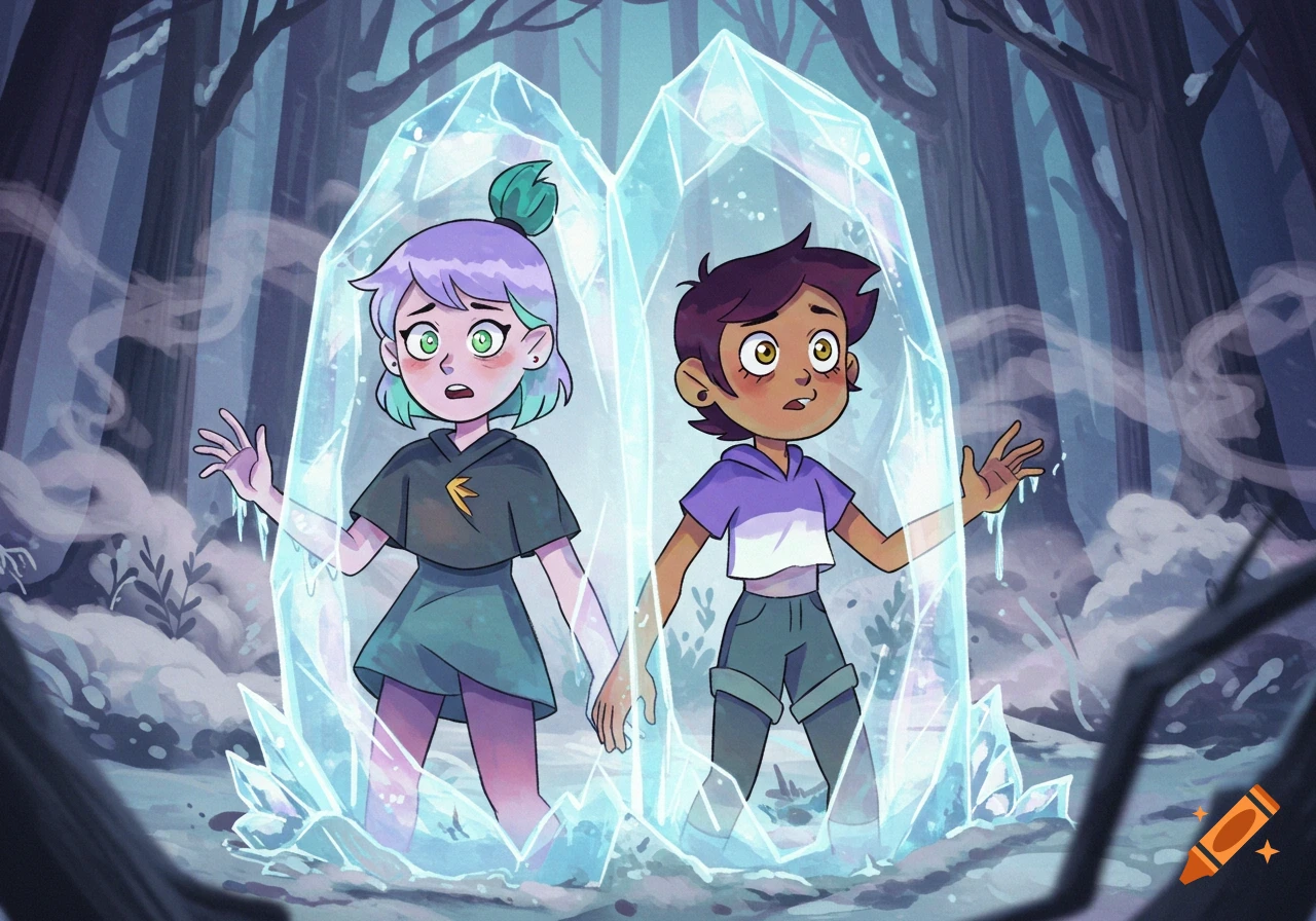Luz and Amity, two cartoon characters, are encased in large ice ...