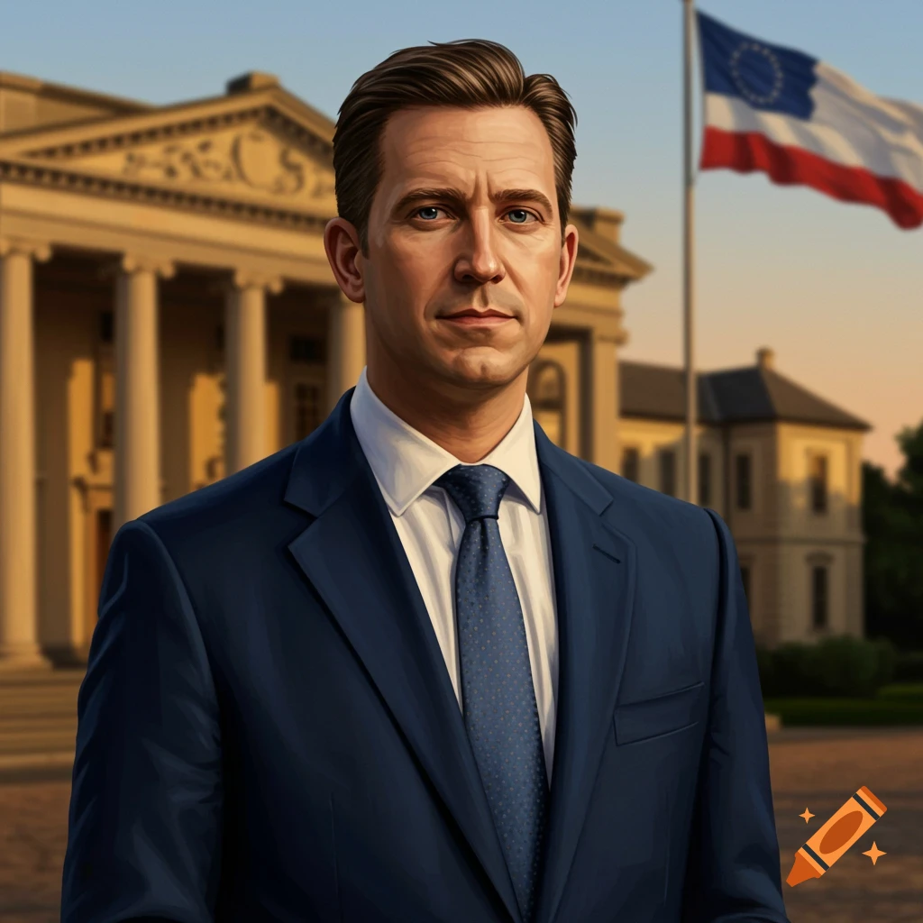 Photorealistic portrait of a man in a suit standing in front of a ...