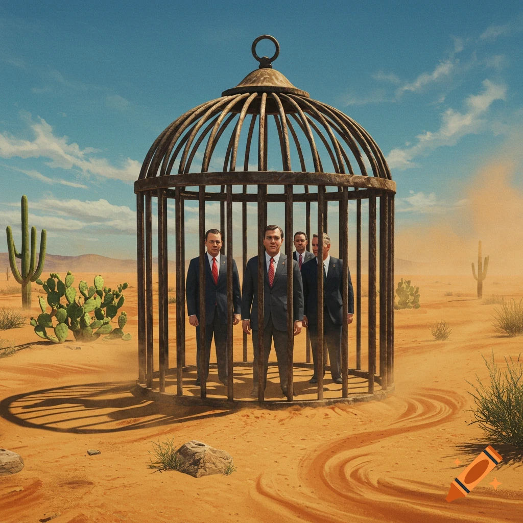 Several men in suits are standing inside a large metal cage in a vast ...