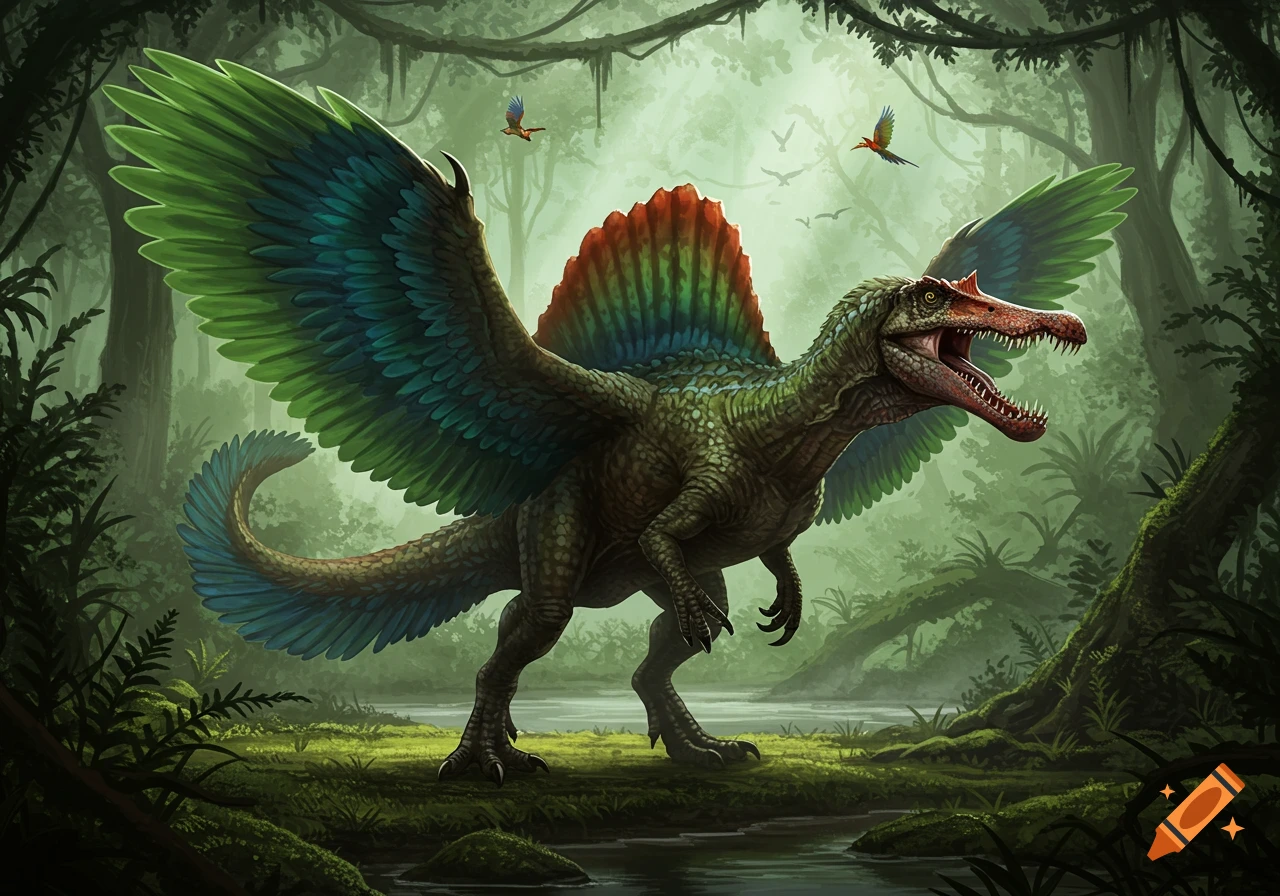 Two winged, armored dinosaurs, a T-Rex and a Spinosaurus, sword ...