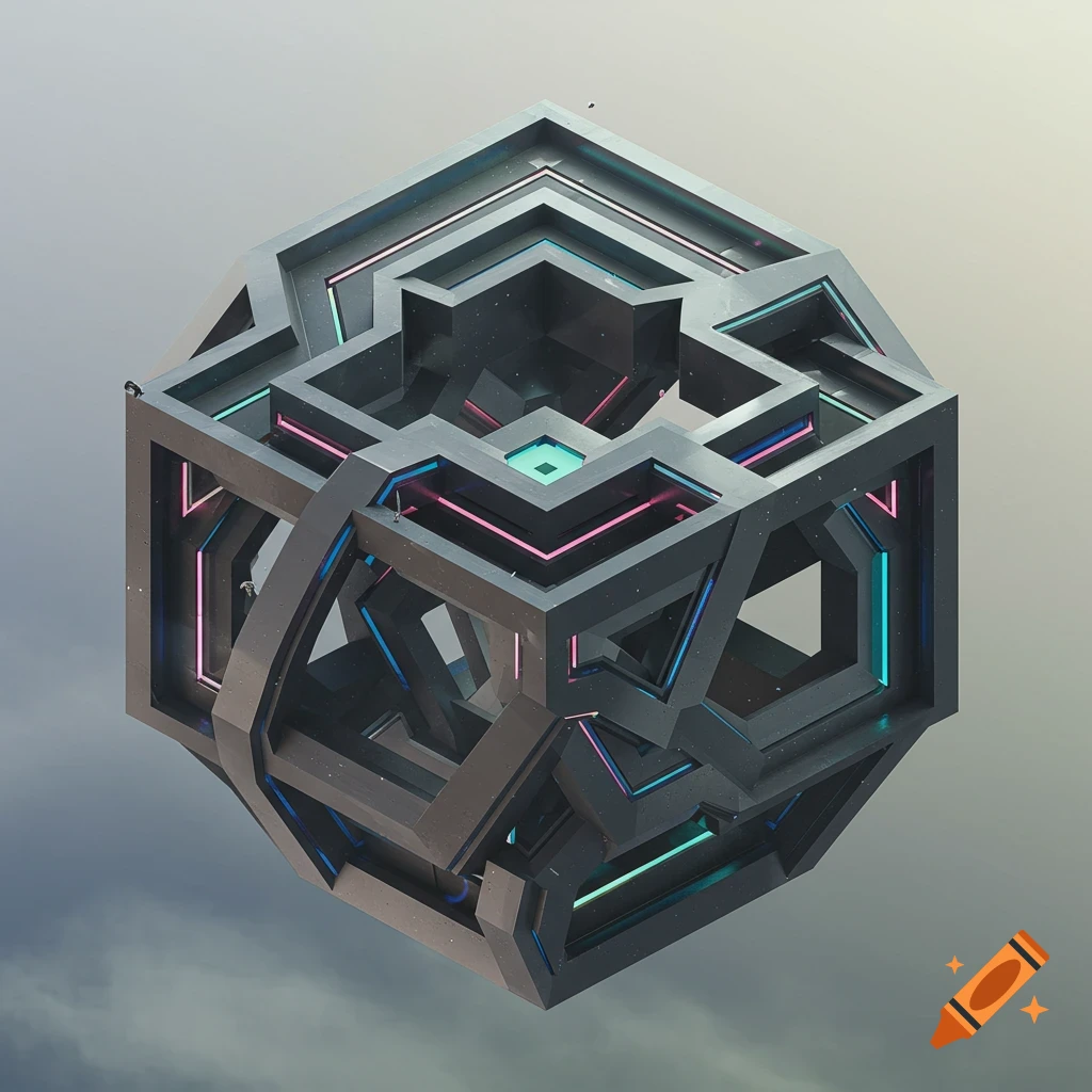 A complex dark gray geometric 3D shape with glowing neon pink, blue ...