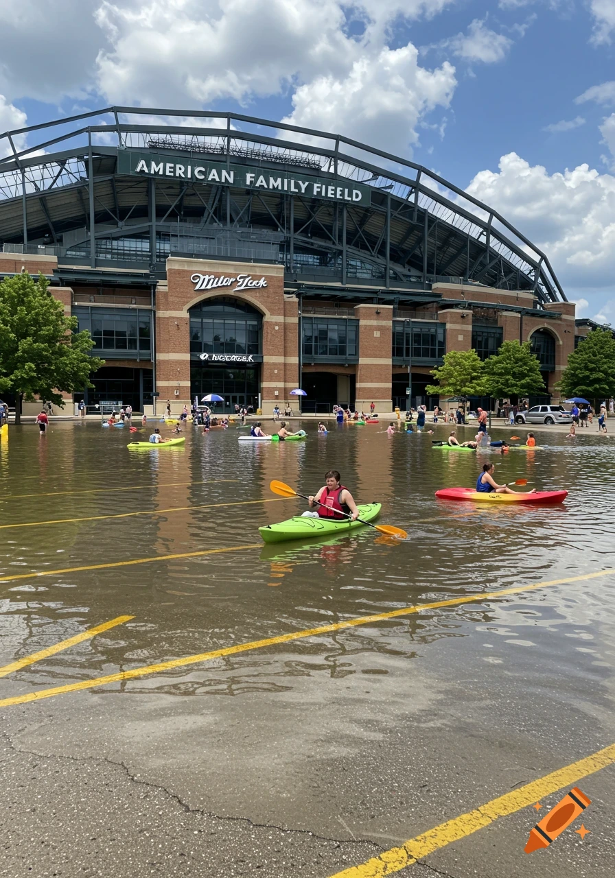 People kayaking and floating in a flooded parking lot outside American ...