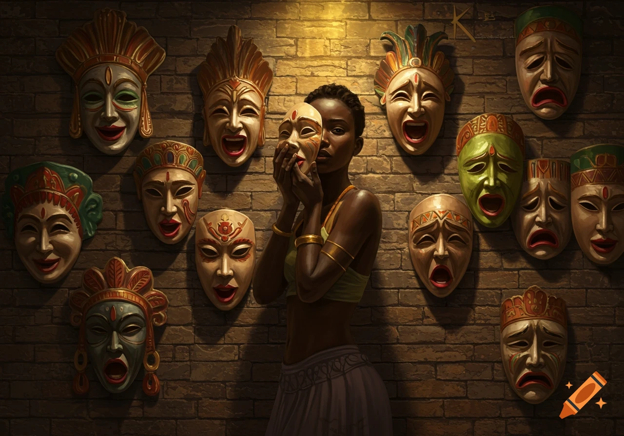 A dark-skinned woman holds a mask to her face, surrounded by many ...