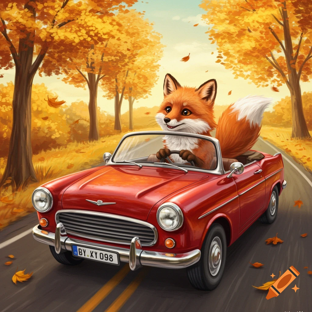 A cute fox drives a red vintage convertible on an autumn road lined ...