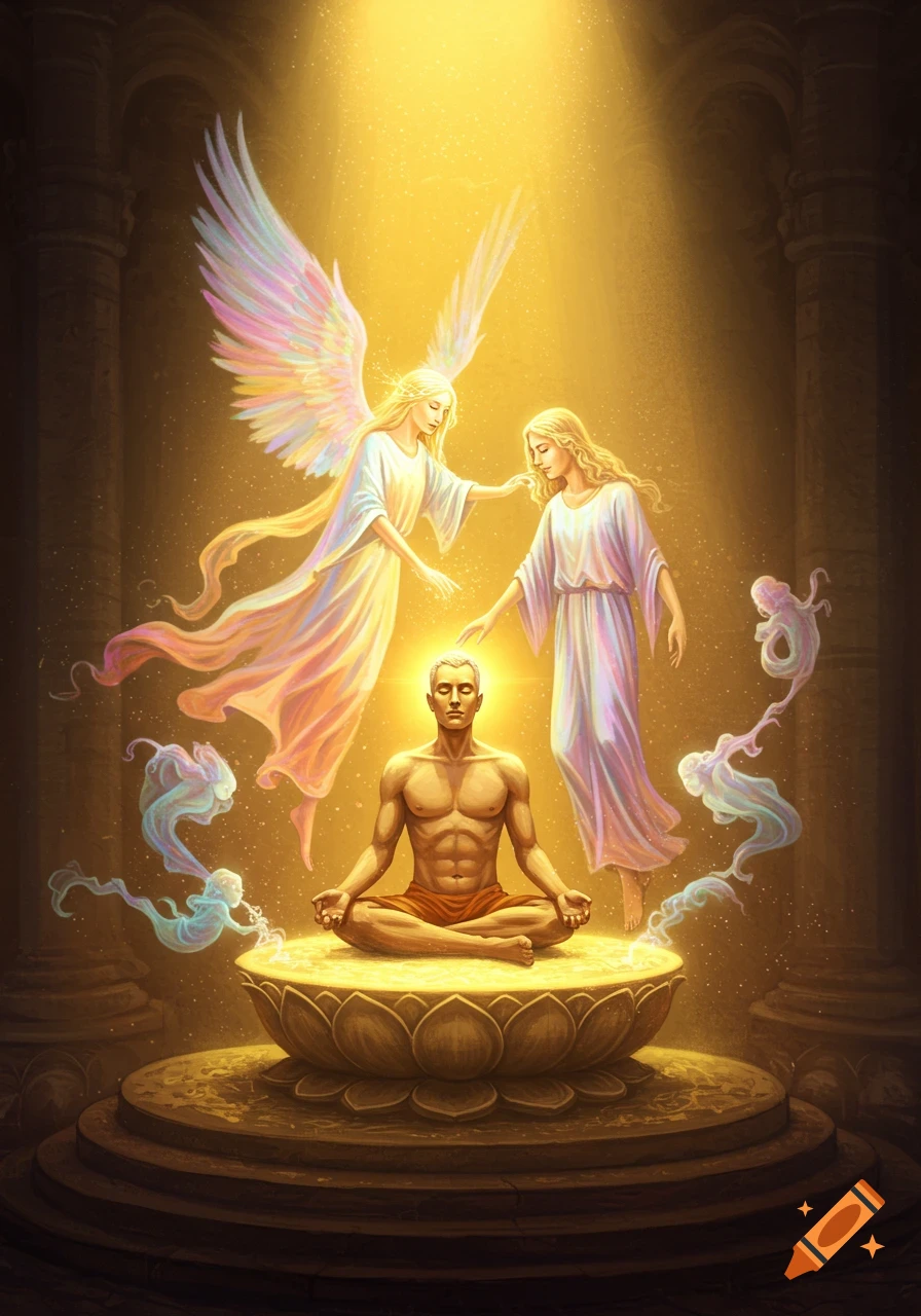 A man meditates on a golden lotus, surrounded by glowing angelic ...