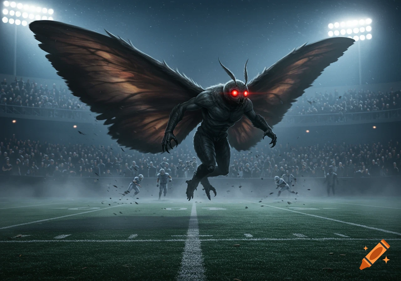 A large, dark moth-like creature with glowing red eyes stands on a ...