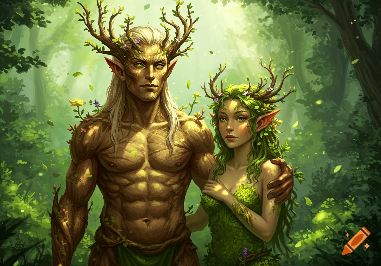 Male and female nature spirits with tree branches for antlers in a lush ...