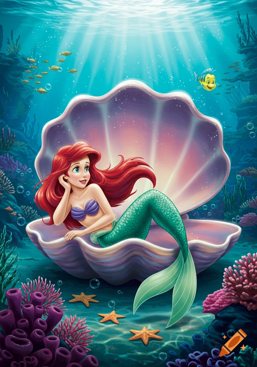 Ariel, the cartoon mermaid with long red hair and a green tail, swims ...