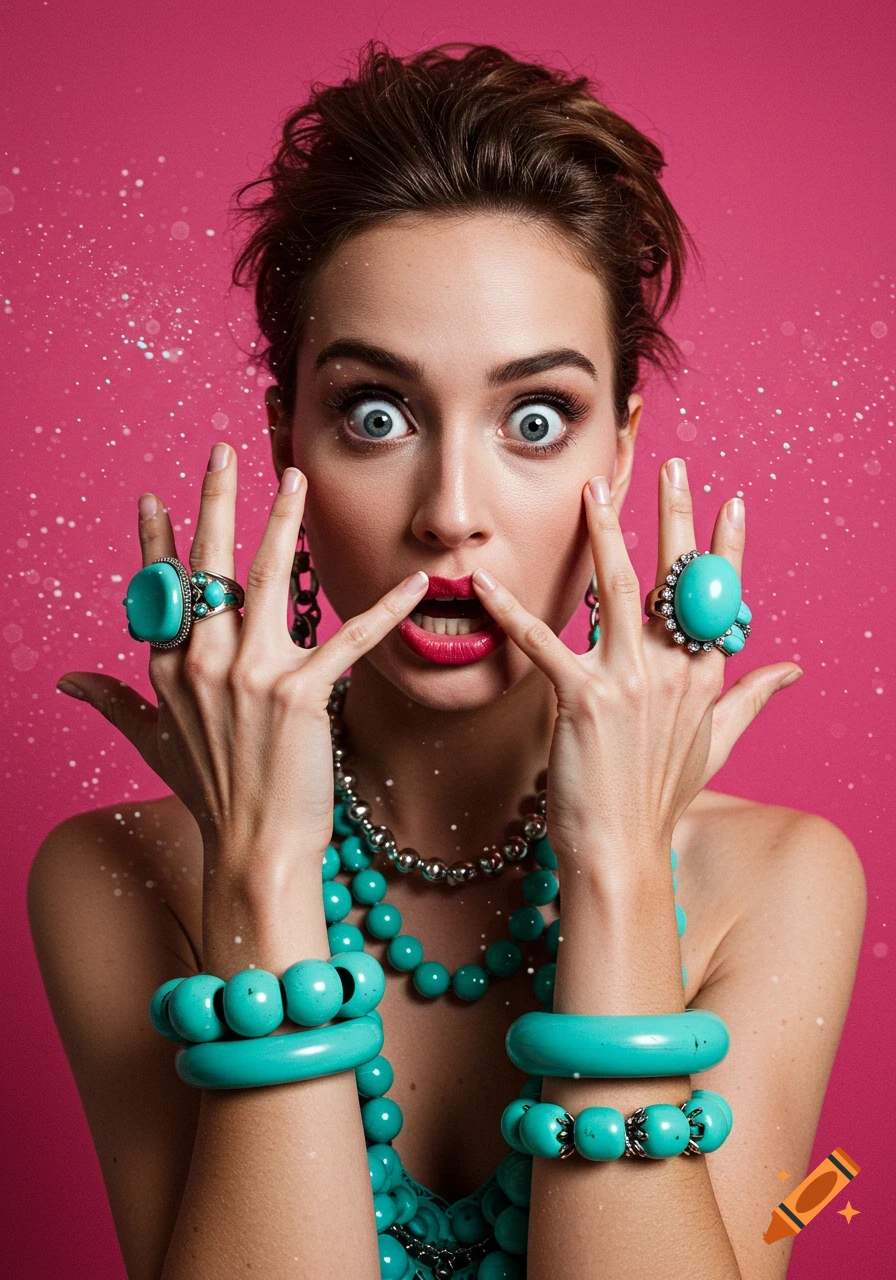 A woman with wide eyes and bright pink lipstick, wearing large ...