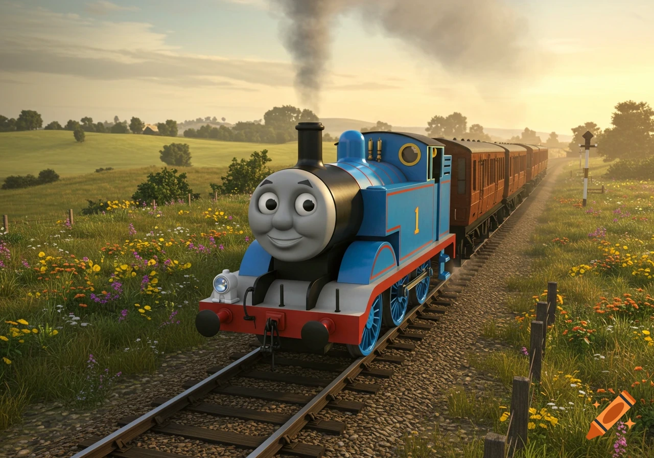 Photorealistic Thomas the Tank Engine with a smiling face travels ...