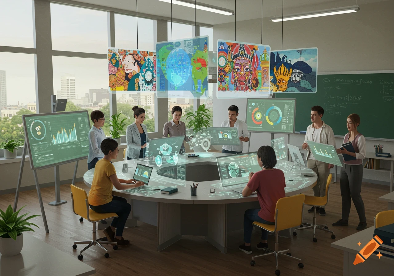 Diverse group of people collaborating in a futuristic classroom with ...