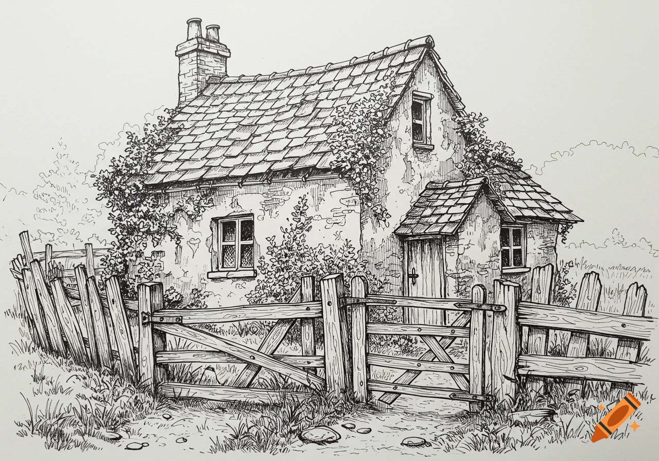 Charcoal drawing of a small cottage with a garden in black and white on ...