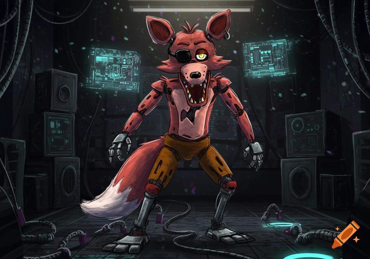 A red animatronic fox character (Foxy from FNAF) stands in a dark ...