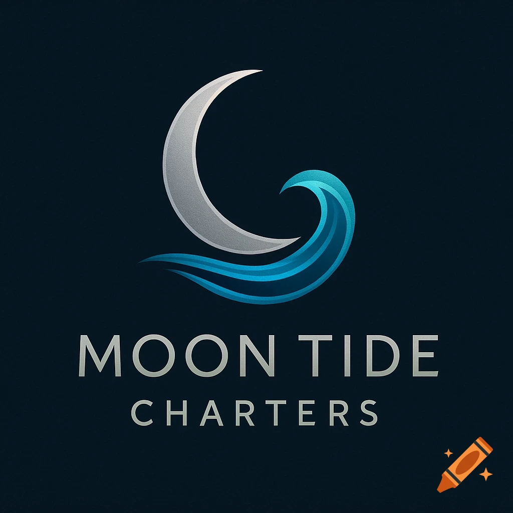 Minimalist logo with a dark crescent moon over a stylized wavy line ...