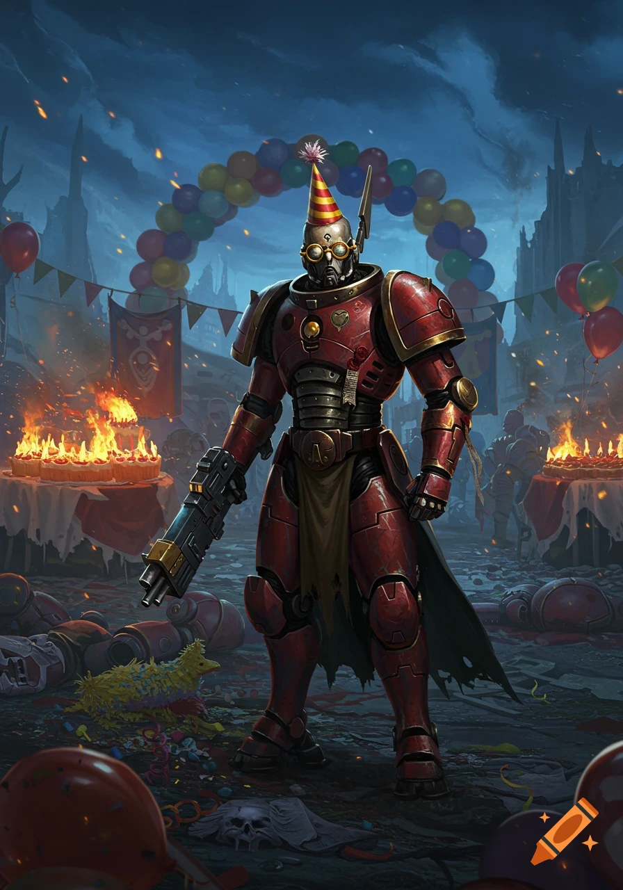 A red armored robot, Commander Farsight, wearing a party hat and gold ...