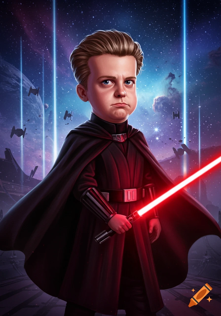 A cartoon caricature of Bobby Hill dressed as Darth Vader, holding a ...