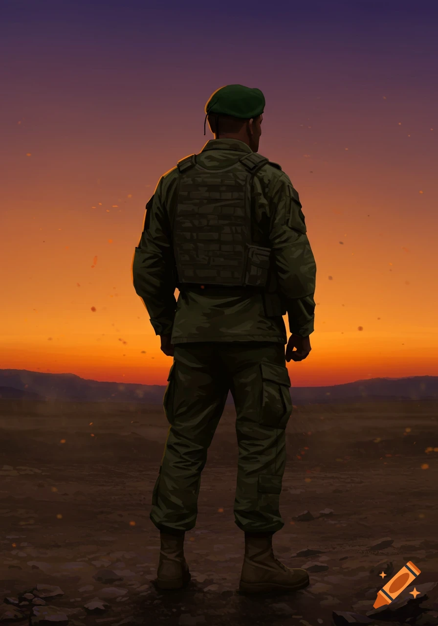 Pencil drawing of a British soldier standing in a desert, holding an ...