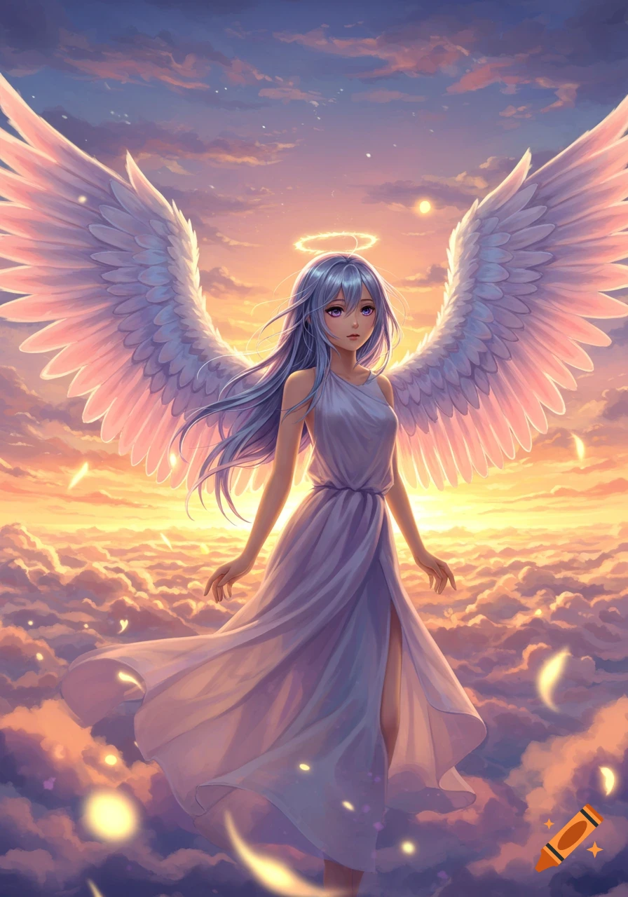 Anime angel girl with long purple hair and white wings, standing in a ...