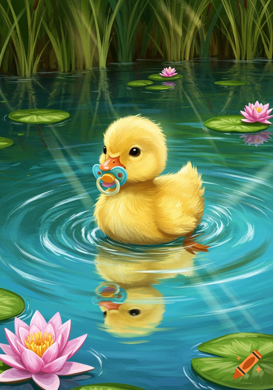 A cute, fluffy yellow duckling hatches from a glowing cracked egg ...