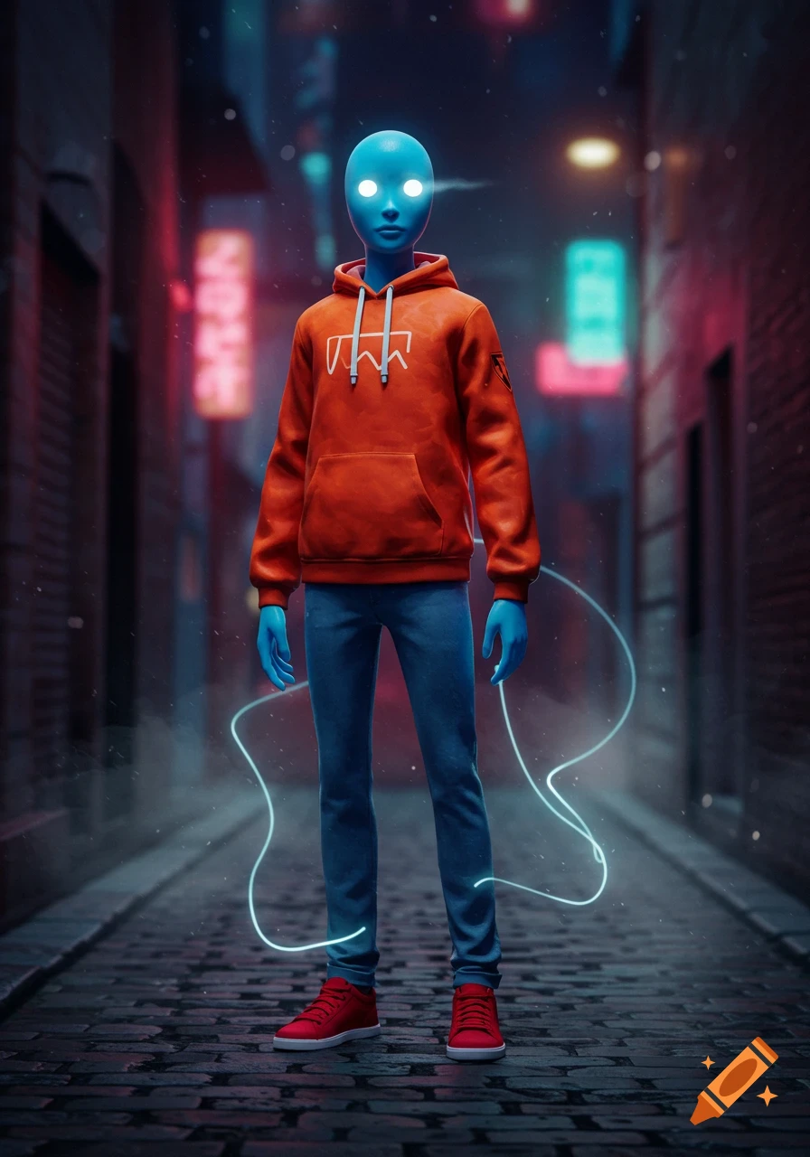 A stylized lime-green humanoid figure in a green hoodie, black pants ...