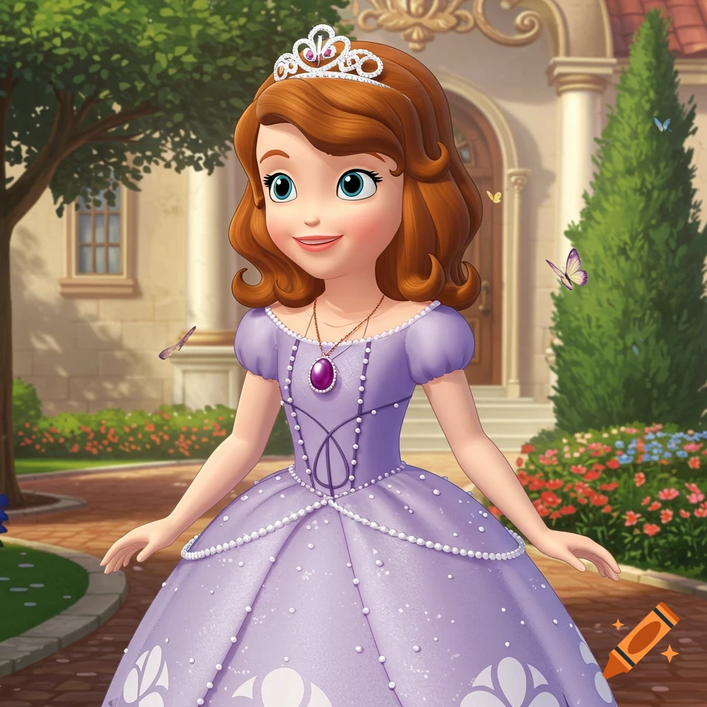 Animated Princess Sofia in a purple gown and tiara, smiling in a garden with a castle behind her ...