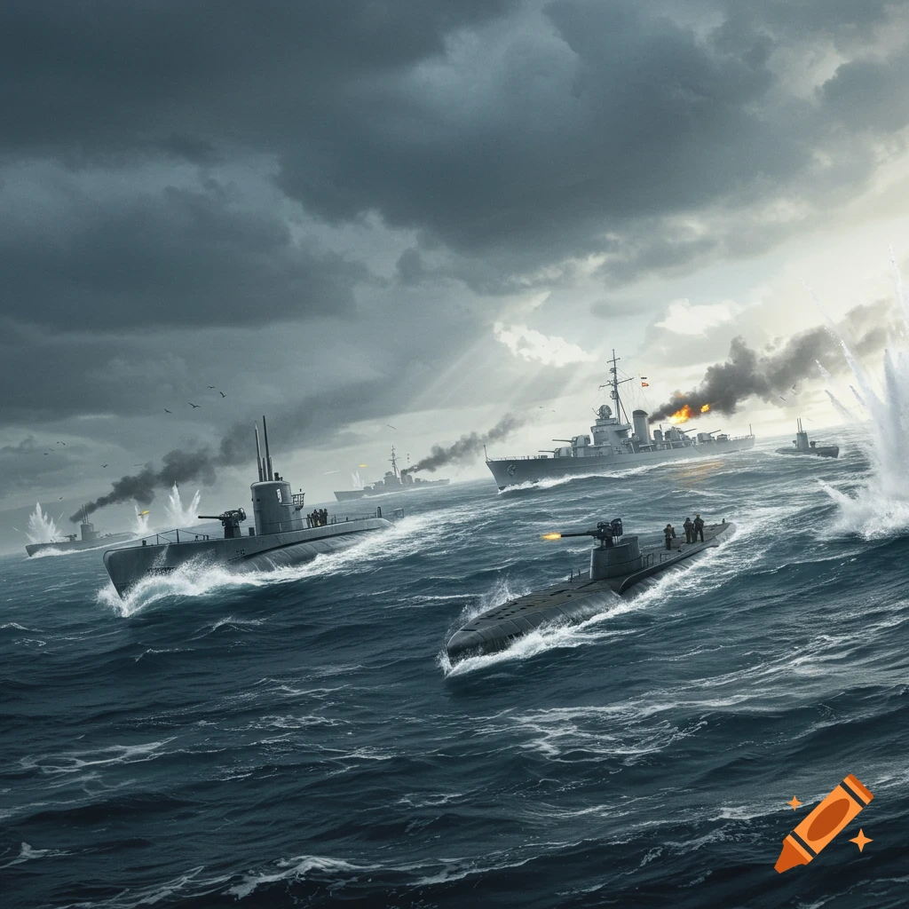 World War 2 naval battle with submarines and warships firing on a choppy sea under a stormy sky ...