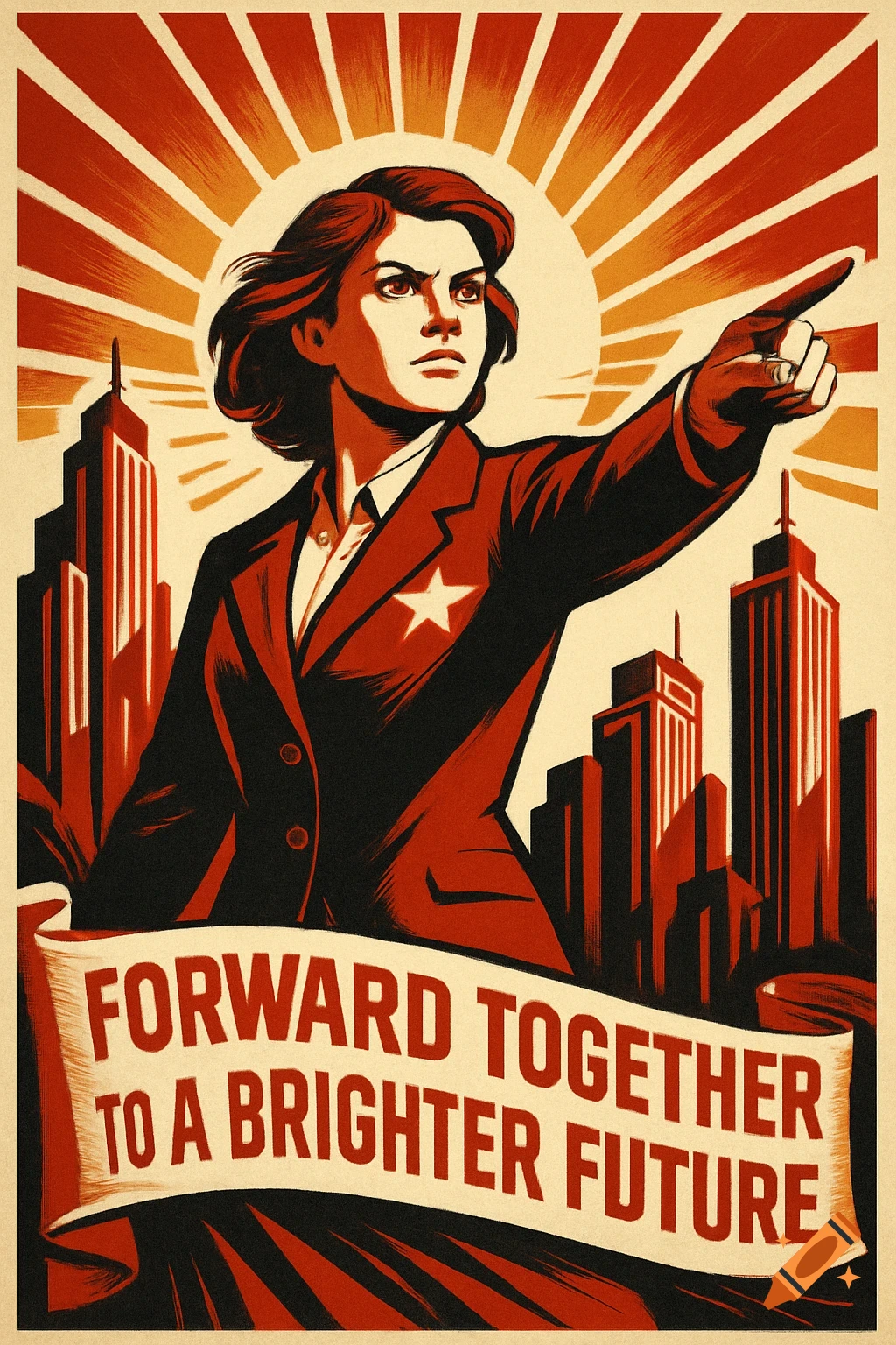 A vintage-style propaganda poster in red and orange shows a man with a ...