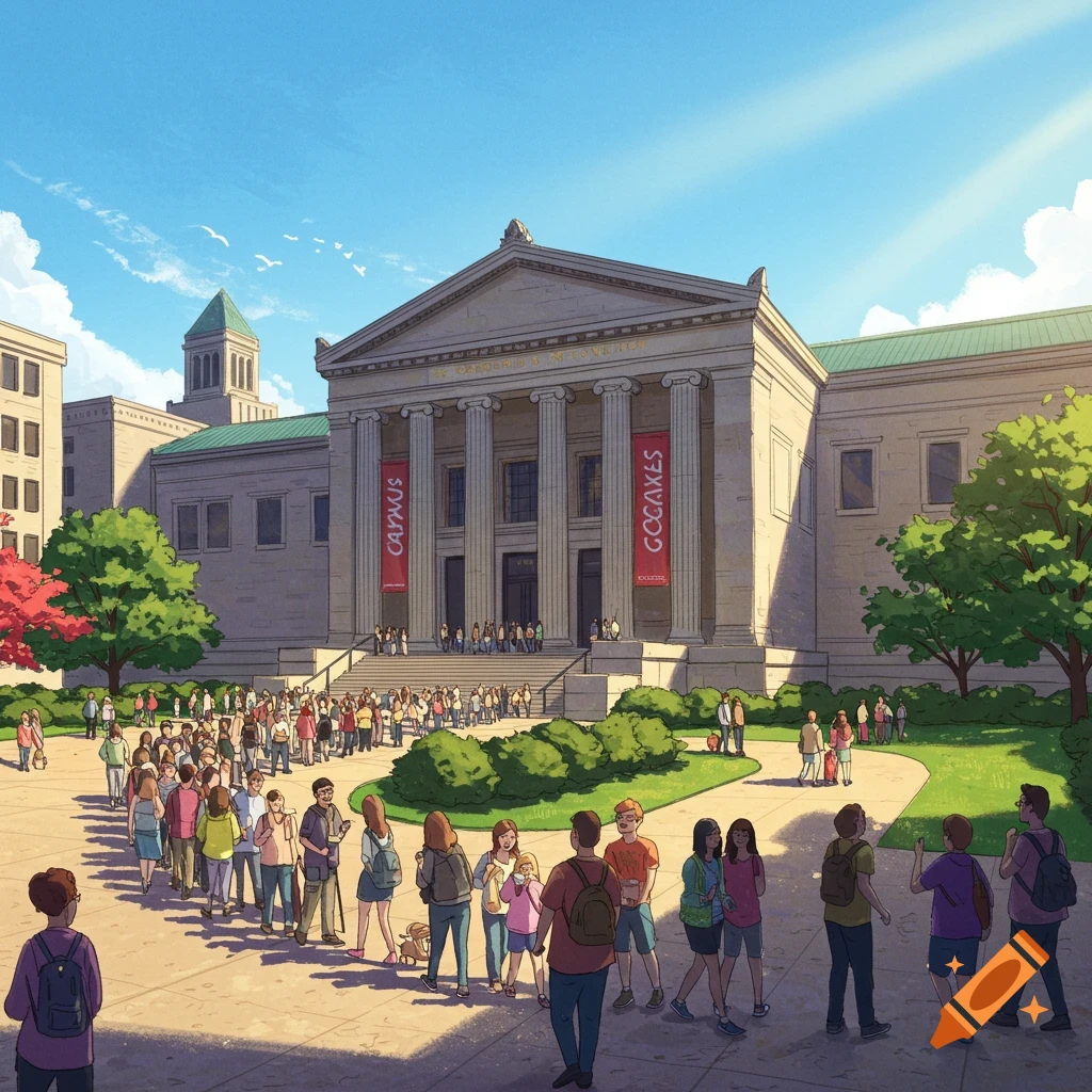 An illustration of a large crowd of people lining up outside a grand ...