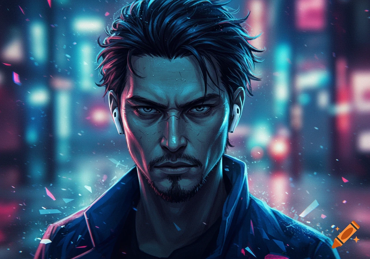 A close-up stylized portrait of Toji Fushiguro wearing white earbuds ...