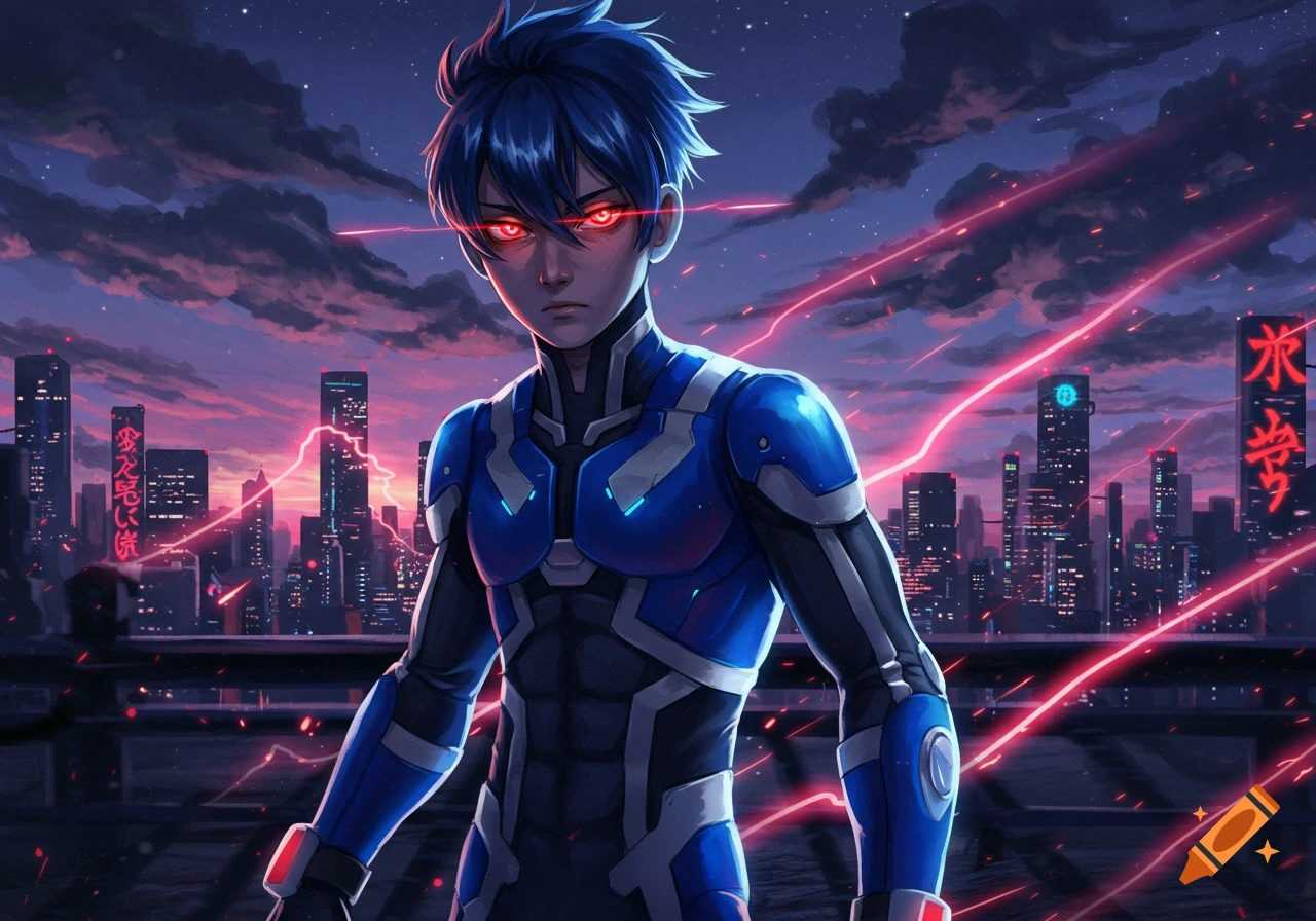 Anime boy with black and red hair and glowing red eyes in a neon-lit ...