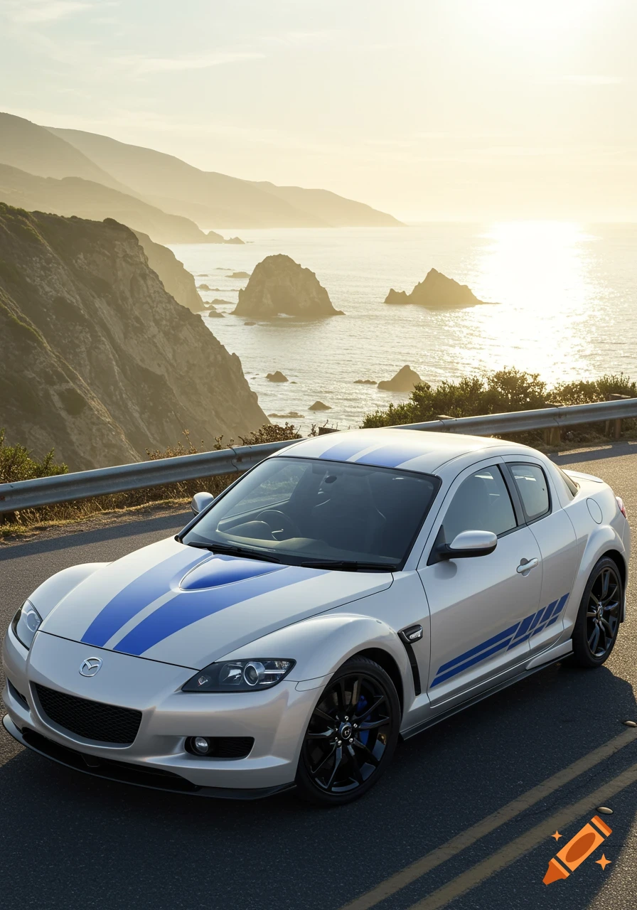 A silver Mazda RX-8 with blue racing stripes parked on a coastal road ...