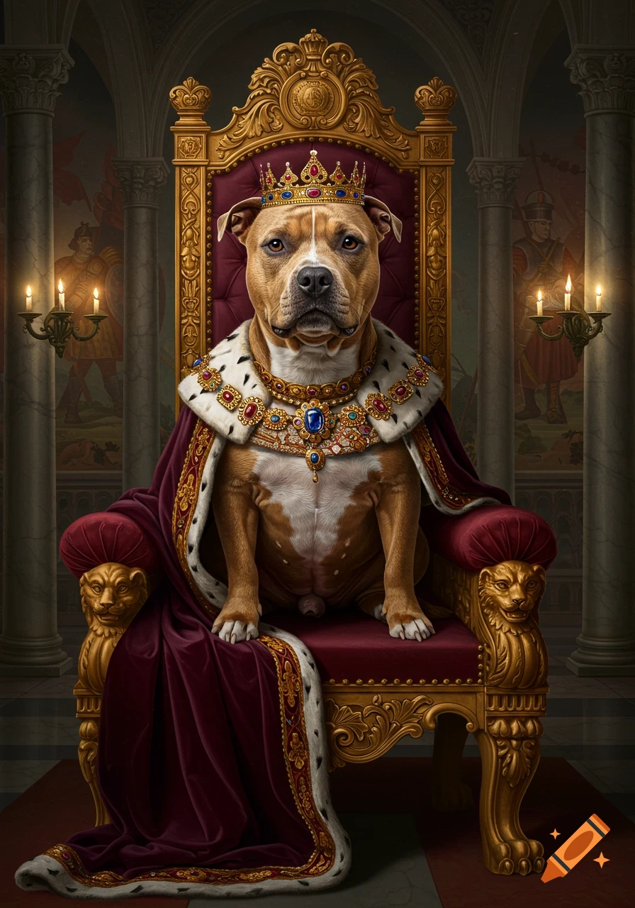 A pitbull dog wearing a crown and royal robes, sitting majestically on ...