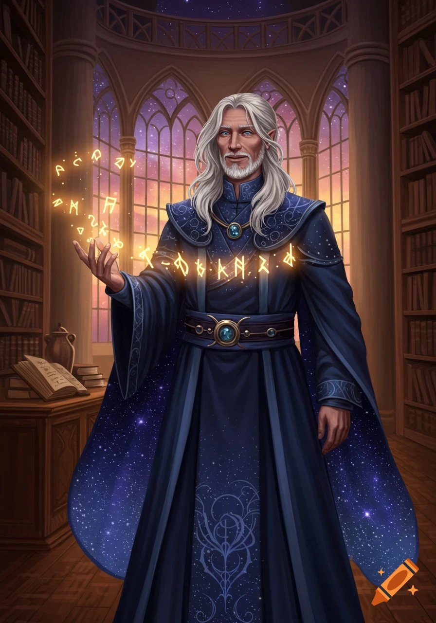 Albus Dumbledore with a long white beard sits in a wooden wheelchair in ...