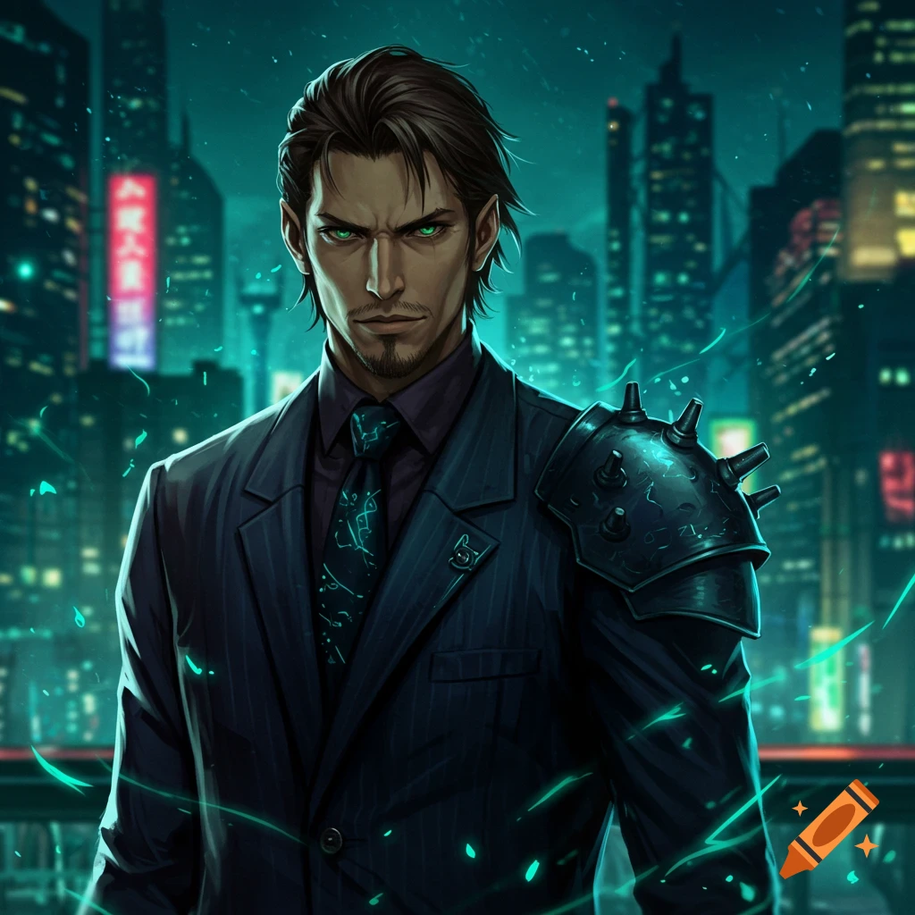 Anime-style character with green eyes, dark hair, and a goatee in a ...