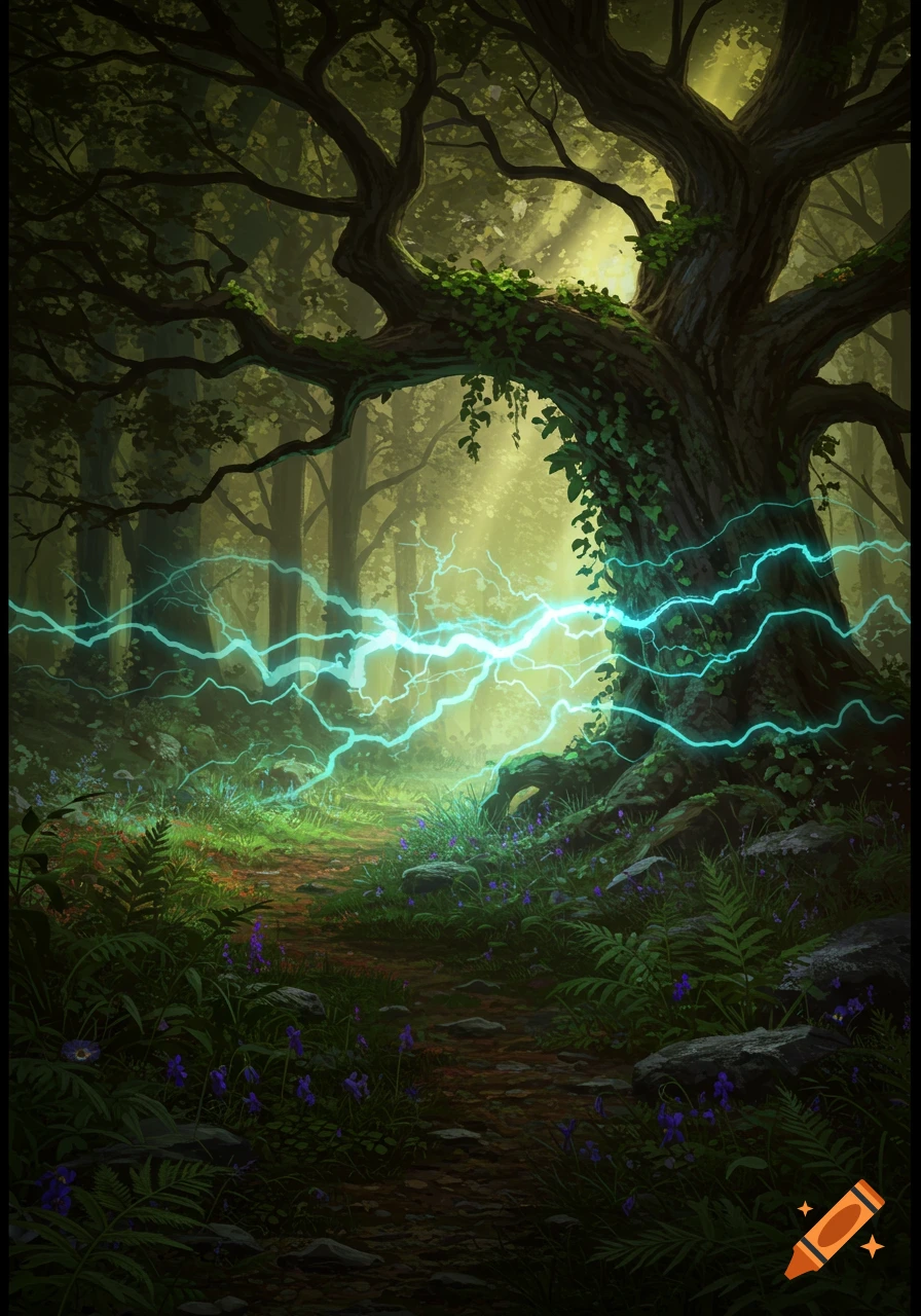 A magical forest path with a gnarled tree and glowing blue lightning ...