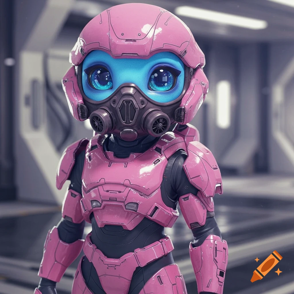 A cute, blue-skinned Halo Grunt alien in shiny pink armor and a gas ...