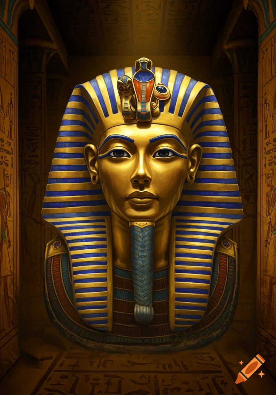 Close-up of a golden Egyptian pharaoh's mask with blue stripes, in a ...