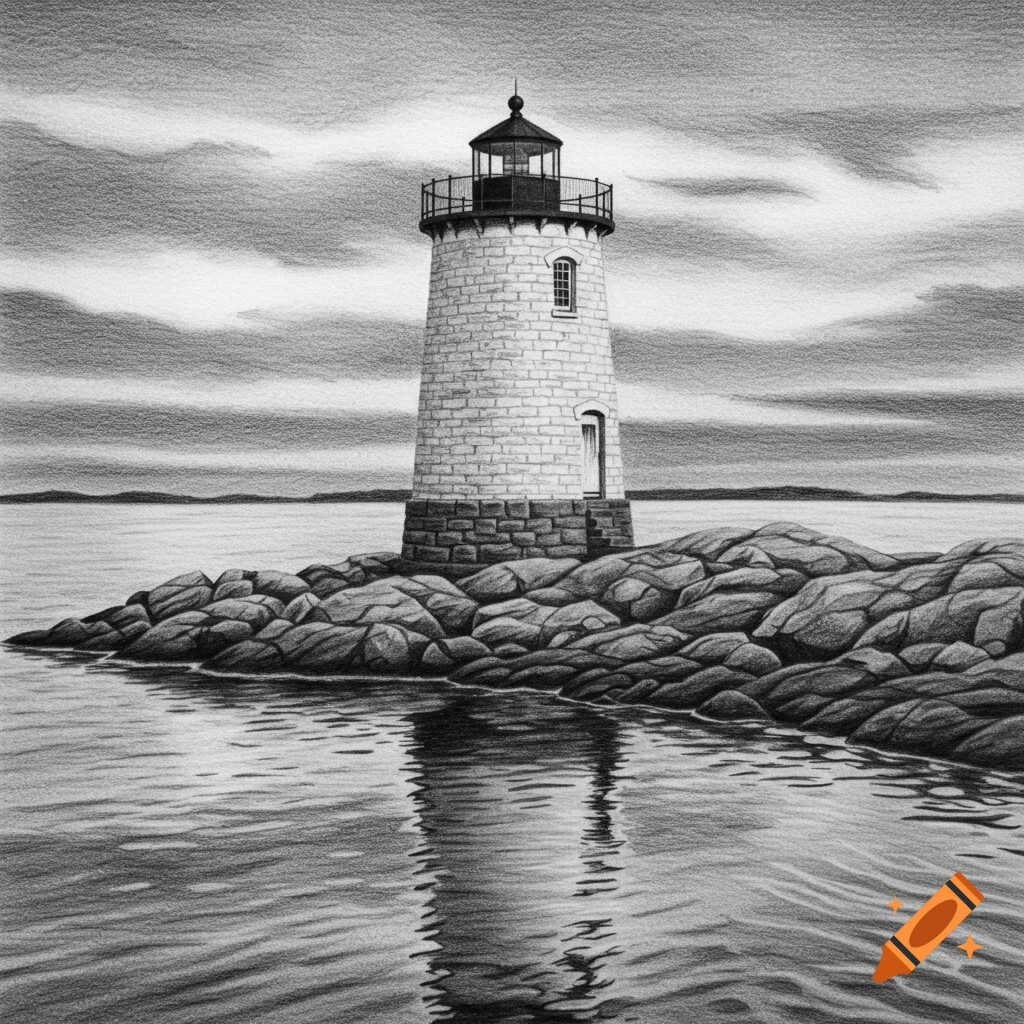 A detailed black and white pencil drawing of a lighthouse on a rocky ...