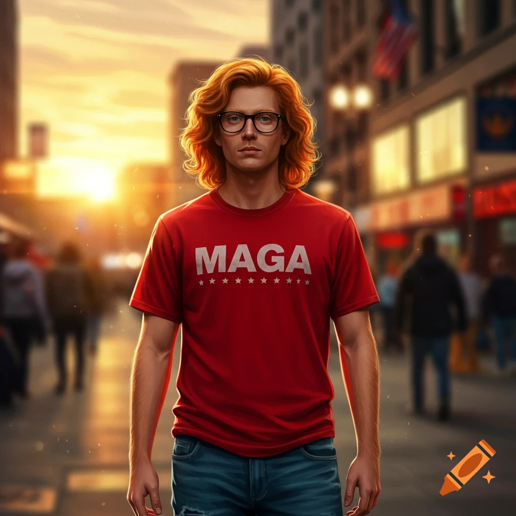 A photorealistic image of a red-headed man with glasses wearing a red ...
