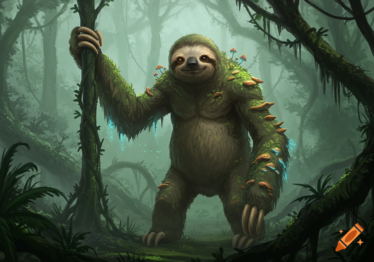 A friendly, moss-covered sloth-like monster with mushrooms growing on ...