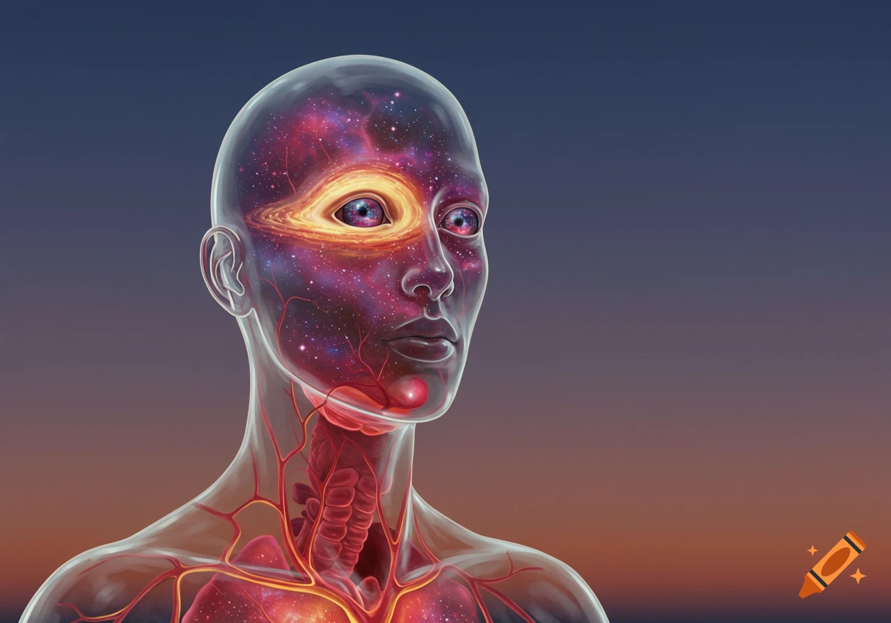 A surreal transparent humanoid figure with a cosmic head, galaxy eyes ...