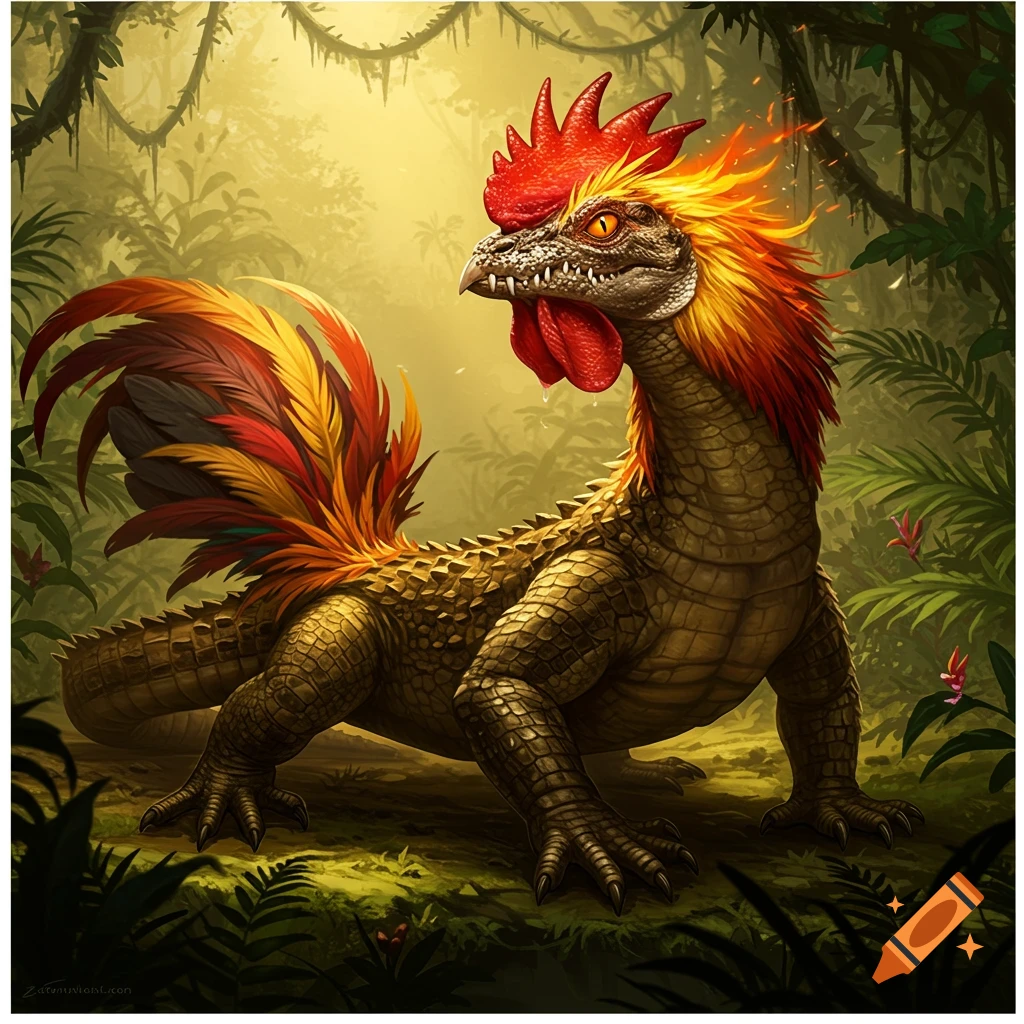 A vibrant, fantastical creature, a Komodo dragon, rooster, and ...