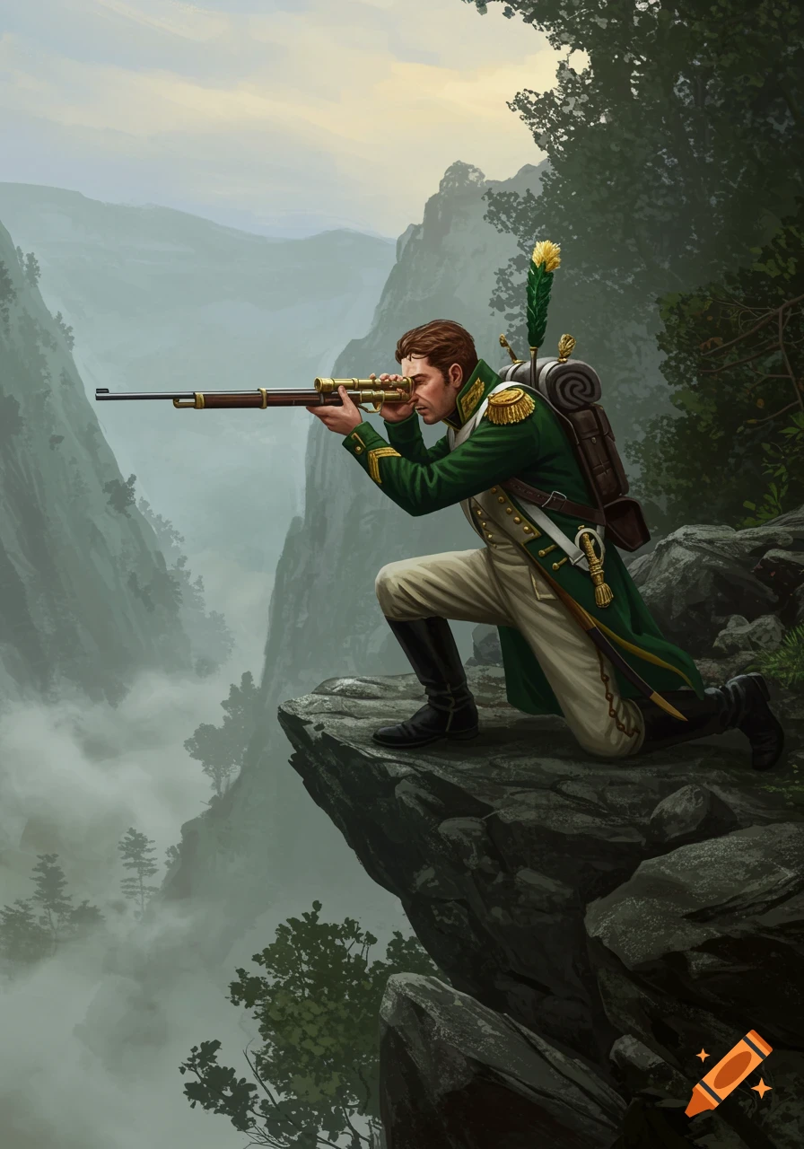 A man in a Napoleonic-era military uniform kneels on a cliff edge ...